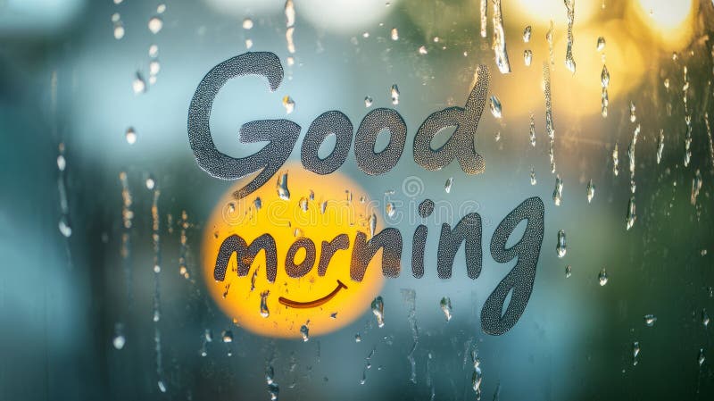 Raindrops on Glass Window with Good Morning Text, Greeting Card Concept ...