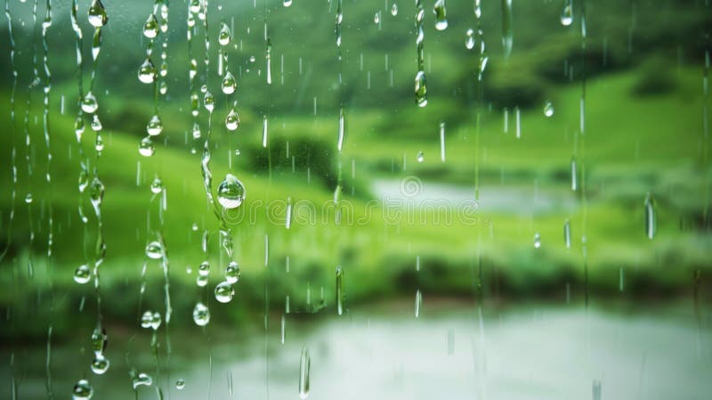 Raindrops Glistening Window Lush Green Landscape Background Stock ...