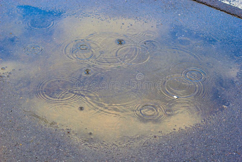 Raindrops in a Puddle on the Asphalt with the Reflection of Clouds ...