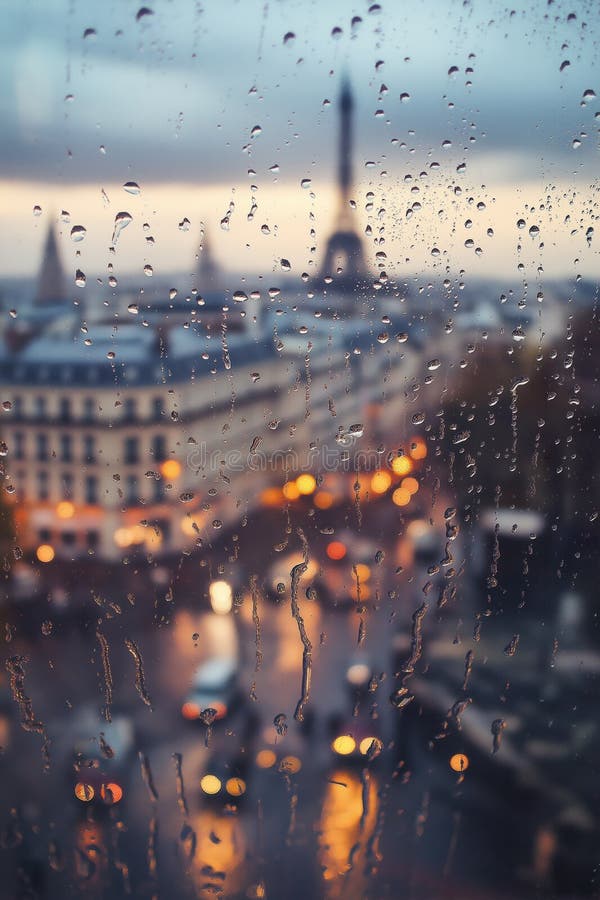 Raindrops Running Down Window Overlooking Eiffel Tower and Cityscape ...