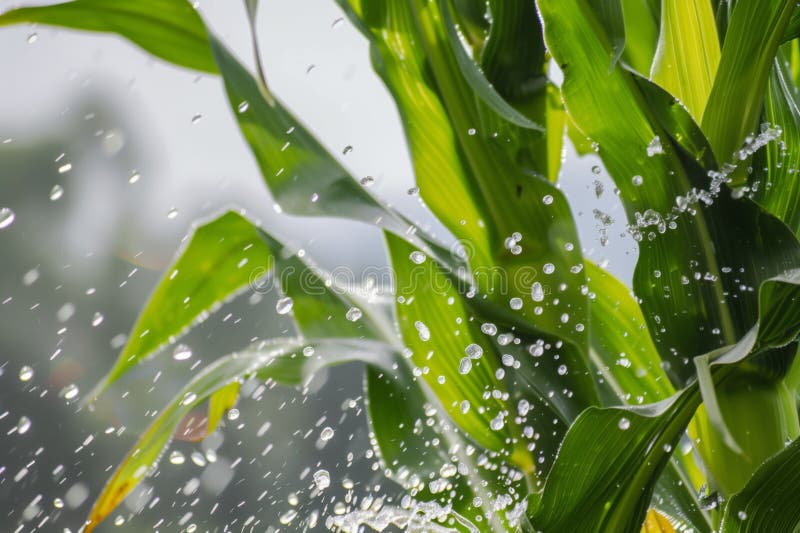 Raindrops Splashing on Green Corn Leaves Stock Photo - Image of ...
