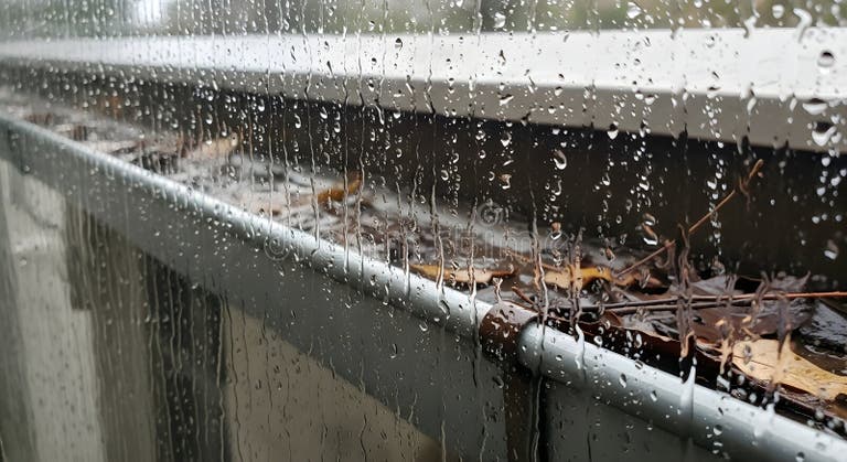 Raindrops Cascade Down a Window, Blurring the View of a Rain Gutter ...