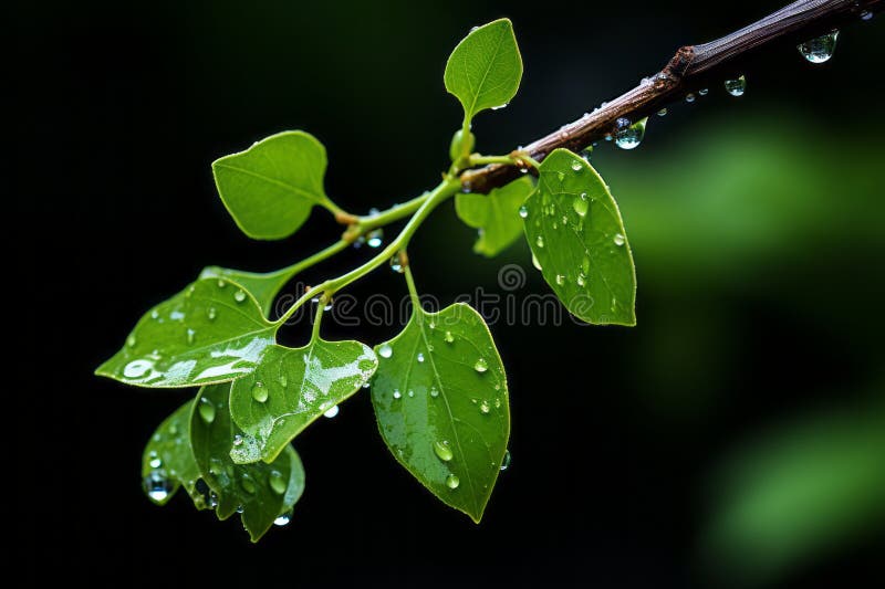 Raindrops on a Tree Branch with Green Leaves Stock Illustration ...