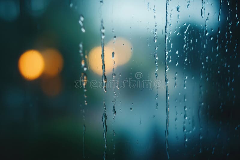 Raindrops Trickle Down a Window during a Rainy Evening, Creating a ...