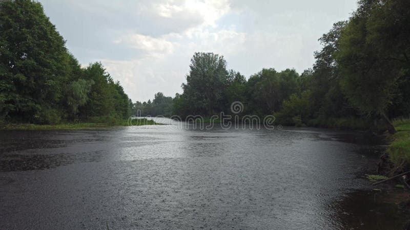 Raindrops on Water Surface. Drops Fall on Surface of River during Rain ...