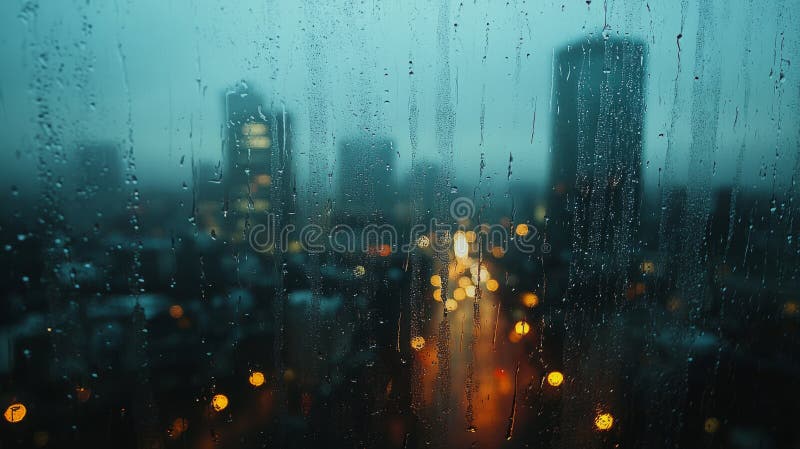 Raindrops on Window with Blurred City Lights at Night. Stock Photo ...