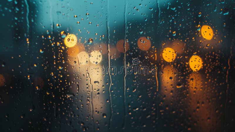 Raindrops on Window with Blurred City Lights at Night, Rainy Weather ...