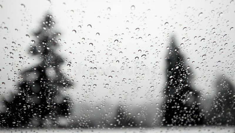 Raindrops on Window with Blurred Pine Trees in Winter Stock ...