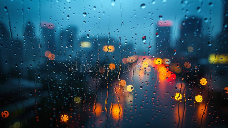 Raindrops on Window with Blurry City Lights in Background Stock Photo ...