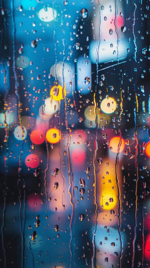 Raindrops on Window with Colorful City Lights at Night Stock Image - Image of colorful, downtown ...