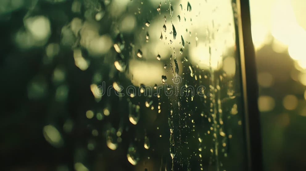 Raindrops on Window a Golden Haze of Reflections and a Glimpse of Light ...