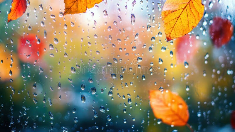 Raindrops on a Window Overlooking Blurred Autumn Trees, Creating a ...