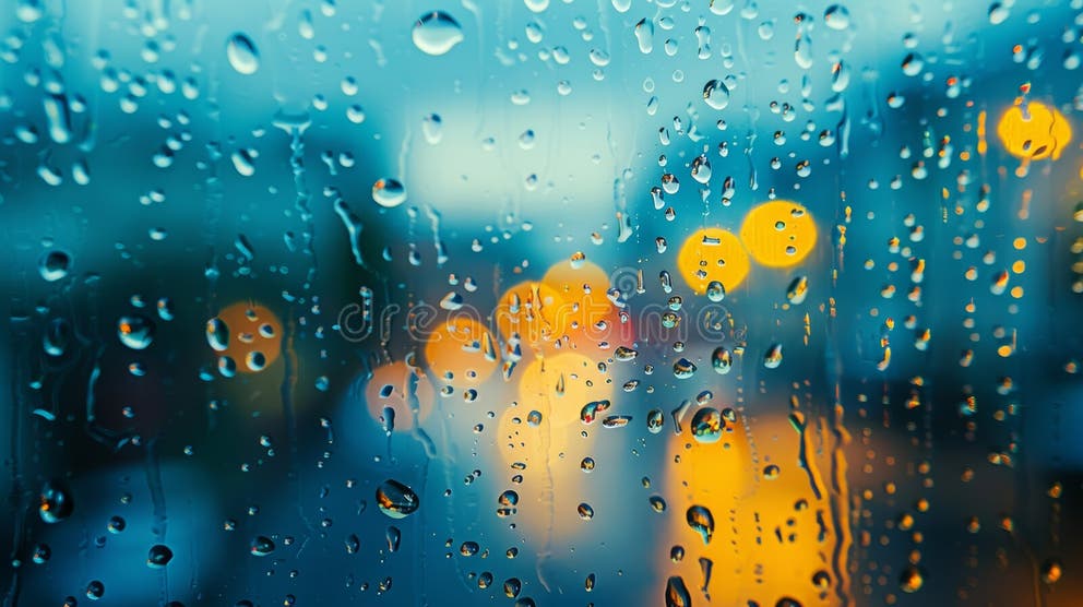 Raindrops on a Window Pane, with Blurry City Lights in the Background ...
