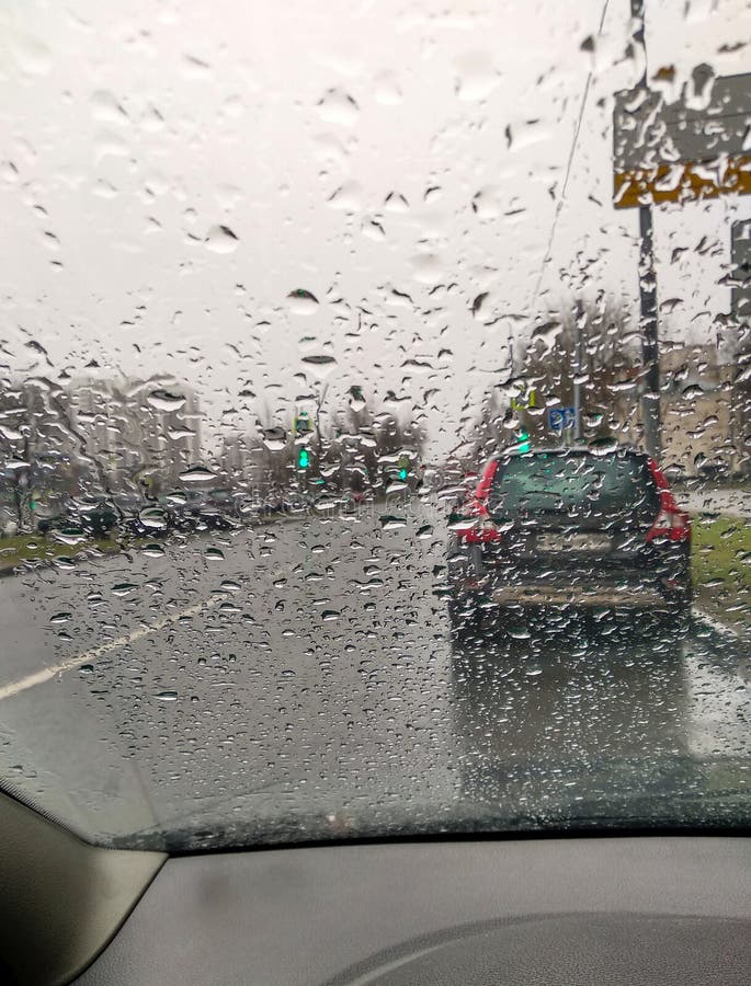 Raindrops on the Windshield. View from Inside the Car Stock Image ...