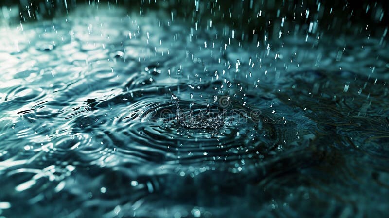 Rainfall Captured in Detail, Showcasing Droplets and Ripples on a Calm ...