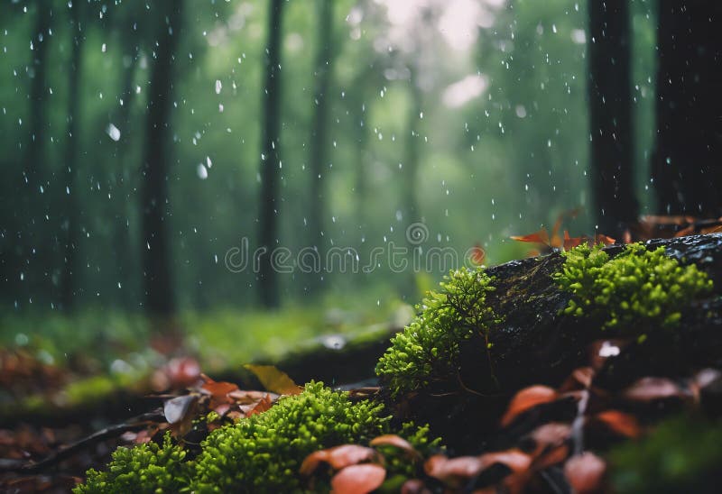 Rainfall on Lush Moss in a Serene Forest. Stock Illustration ...