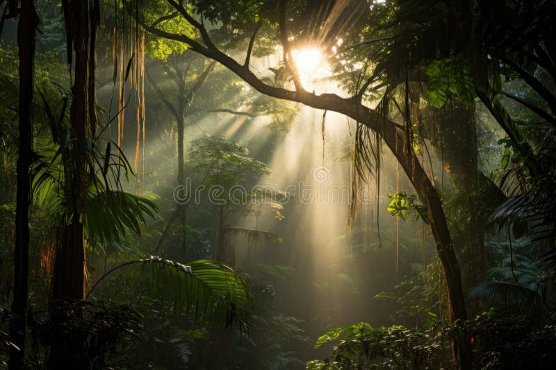 Rainforest Canopy with Morning Sunlight Filtering through Stock ...