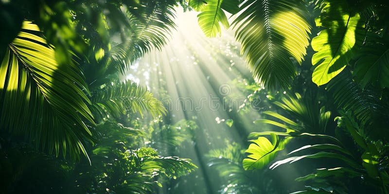 Rainforest Canopy with Sun Rays Filtering through Lush Green Leaves for ...