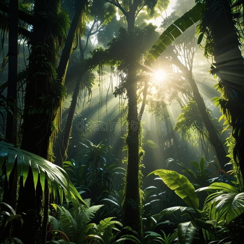 A Rainforest Canopy with Sunlight Filtering through, Lush and ...