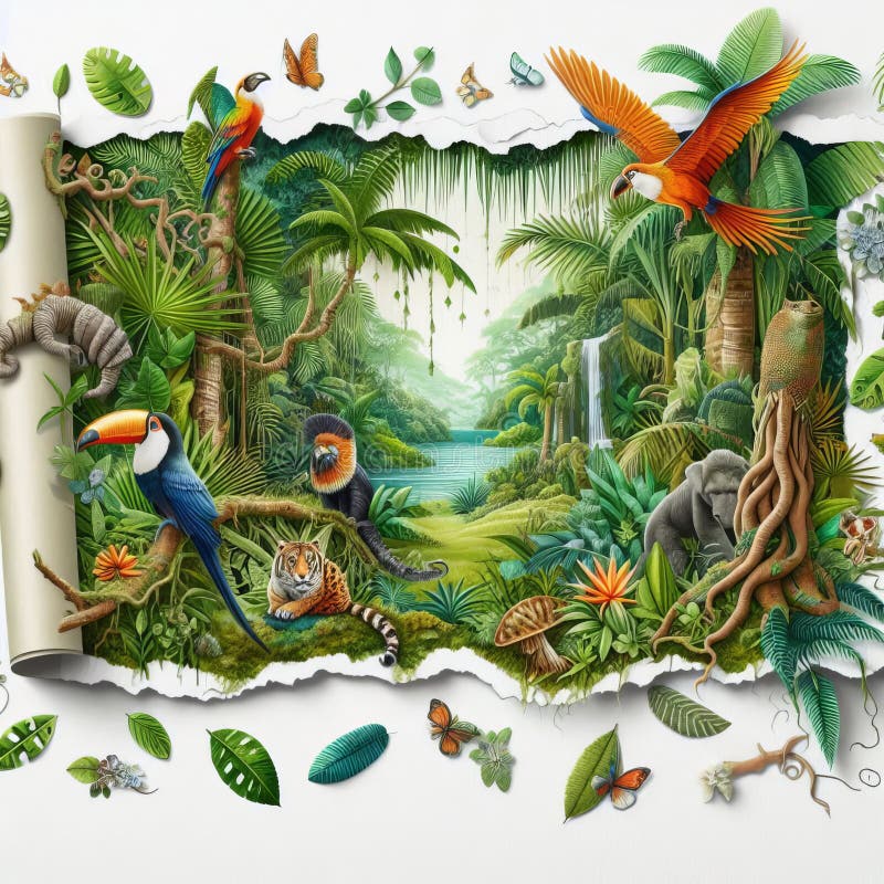 Rainforest Elements Ripped White Paper Adorned with Rainforest E Stock ...