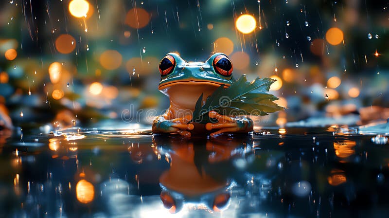Rainforest Frog Rain Night Leaf Bokeh Reflection Stock Illustration ...
