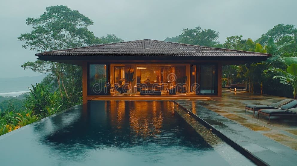 Rainforest Luxury Villa with Infinity Pool at Dusk Stock Photo - Image ...