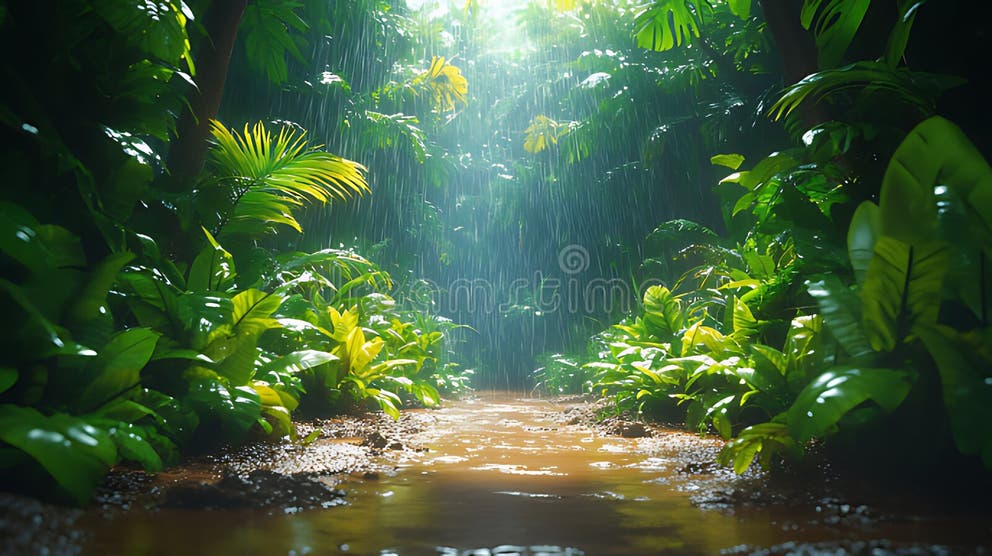Rainforest Path, Rain, Lush Foliage, Sunlight, Adventure Stock ...
