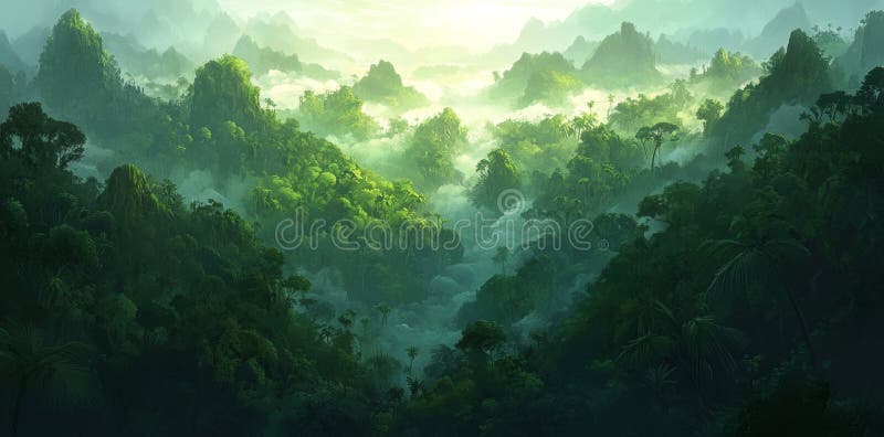 A Rainforest Scene Featuring Trees and Mist, Highlighting Themes of Conservation, Climate Change ...