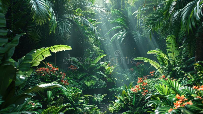 Rainforest Scene with a Variety of Plant Species, Diverse Ecosystem ...