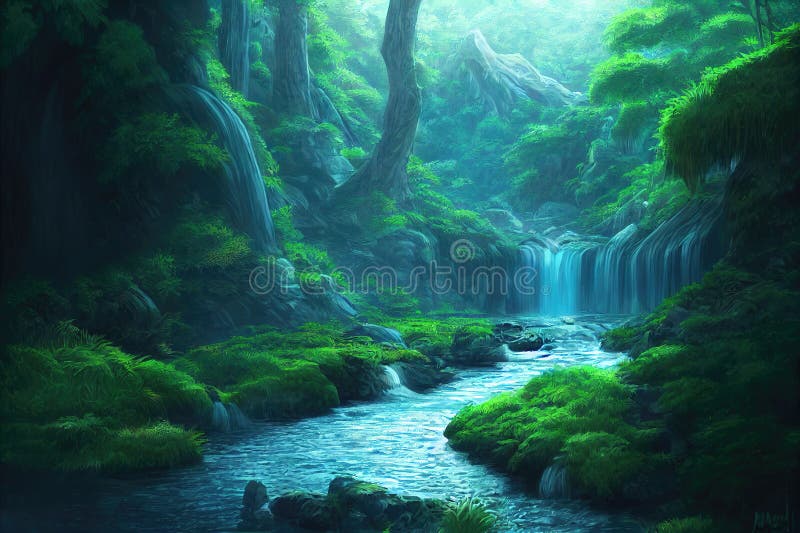 Rainforest Scene Witha Small River, Anime Art, Ai Generated Image Stock ...
