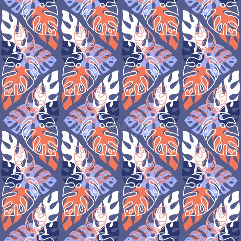 Rainforest Seamless Pattern on Purple Background, Monstera Palm Leaf ...