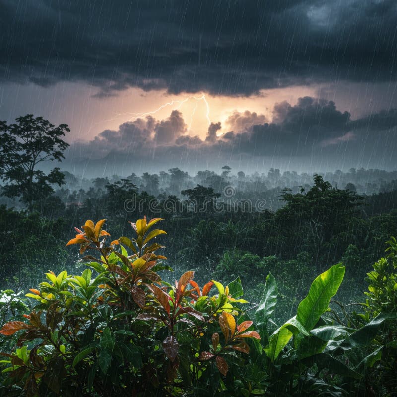 Rainforest Storm with Lightning and Heavy Rain Stock Illustration ...