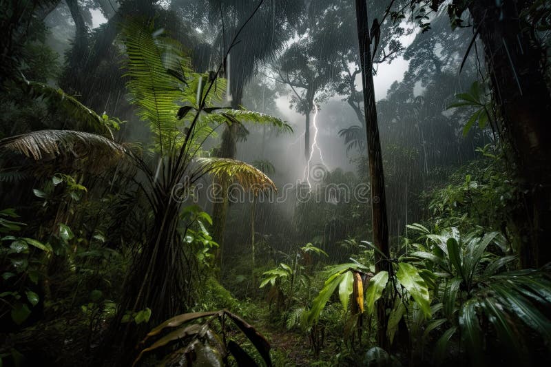 Rainforest during Thunderstorm, with Flashes of Lightning and Pounding ...