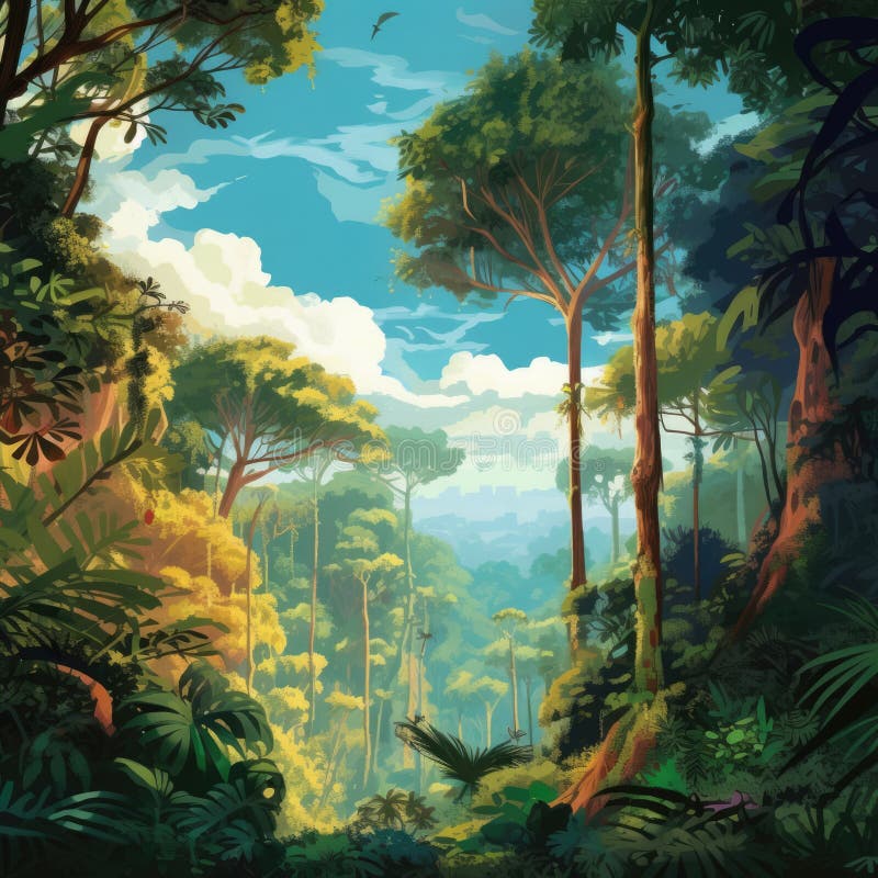 Rainforest with Tropical Plants and Clouds in Blue Sky, Created Using ...