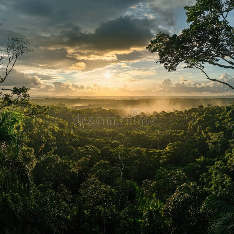 Rainforest Vista at Sunset, Jungle Canopy, Aerial View Stock Image ...
