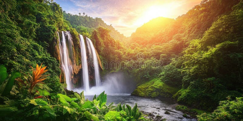 Rainforest Waterfall at Sunrise Stock Image - Image of forest, nature ...