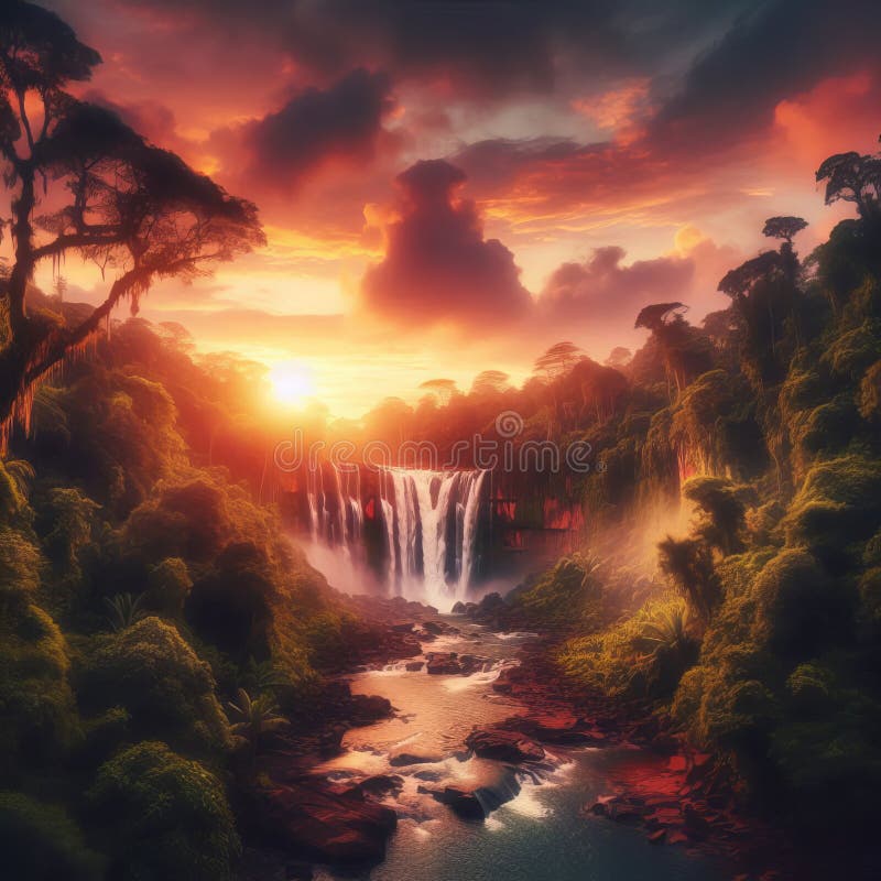 Rainforest Waterfall at Sunset a Rainforest Waterfall at Sunset Stock Illustration ...