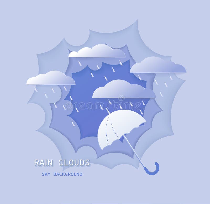 Raining Background. Paper Cut Clouds. Rain Clouds with Umbrella ...