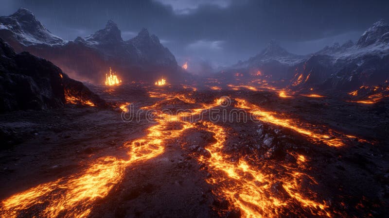 Raining Fire Lava Flows through Volcanic Mountains Stock Illustration ...