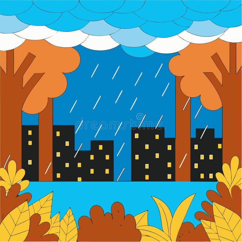 It is Raining Heavily in the City. Flat Style Stock Vector ...