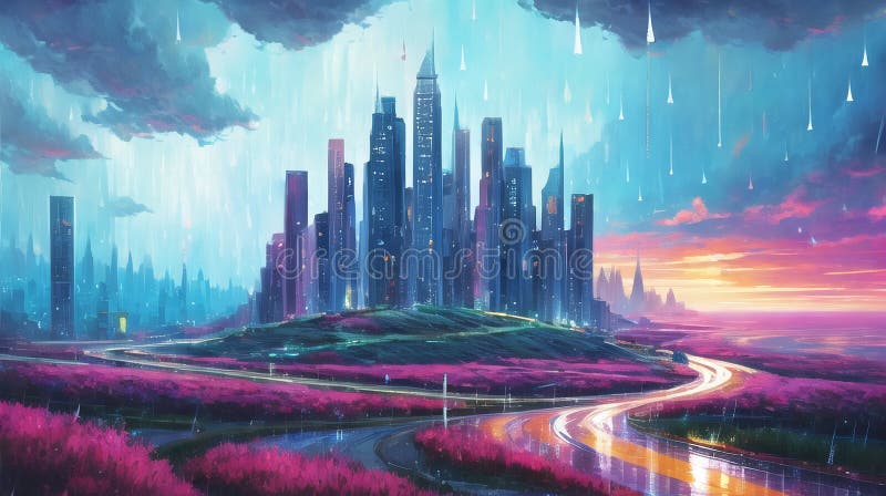 Raining Landscape Illustration Wall Art Ai Generated Stock Illustration ...