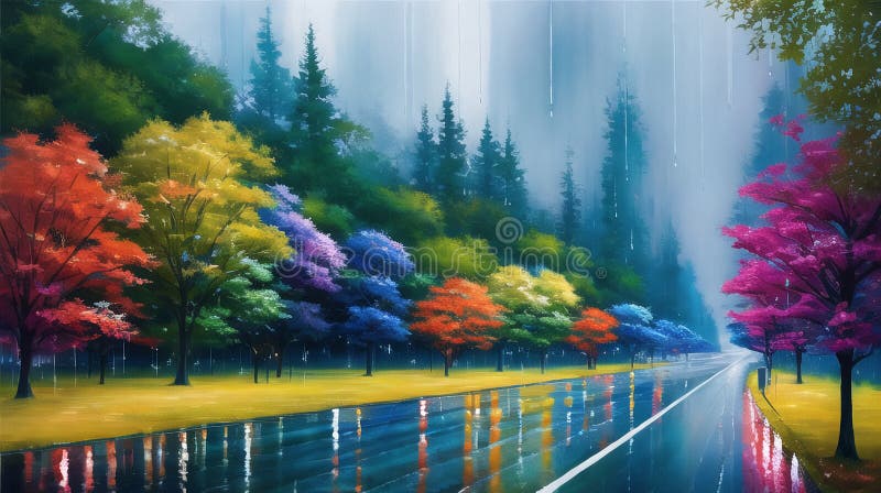 Raining Landscape Illustration Wall Art Ai Generated Stock Illustration ...