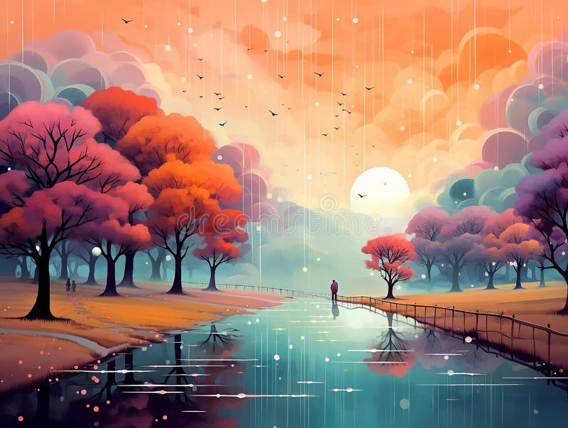 Raining landscape stock illustration. Illustration of leaves - 296424327