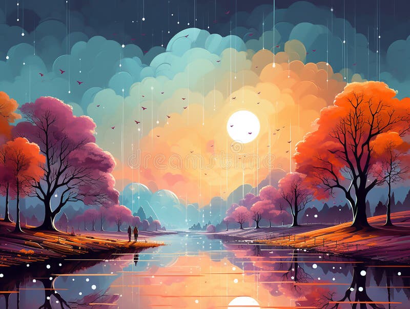 Raining Landscape Illustration Wall Art Ai Generated Stock Illustration ...