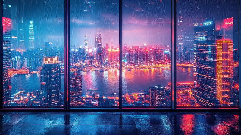 Raining Night in the City, a View from a Window with Neon Lights and ...