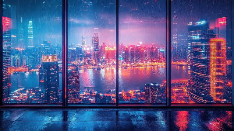 Raining Night in the City, a View from a Window with Neon Lights and ...