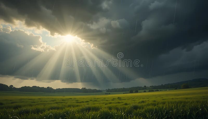 Raining Over Green Field with Sun Rays Shining through Dark Clouds ...