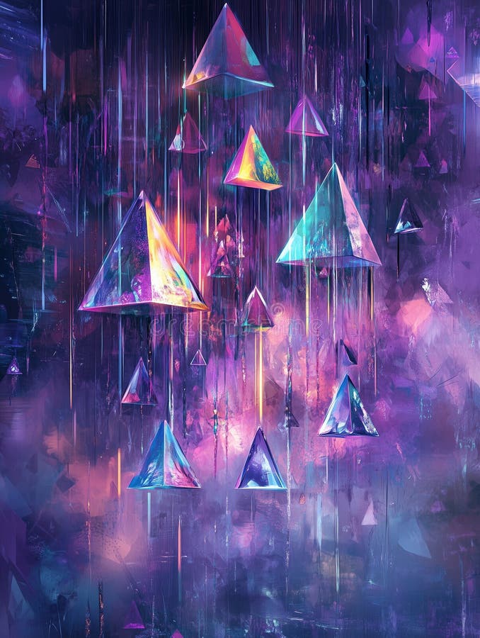 Rainstorm of Colorful Triangular Prisms Falling from a Vibrant Cosmic ...