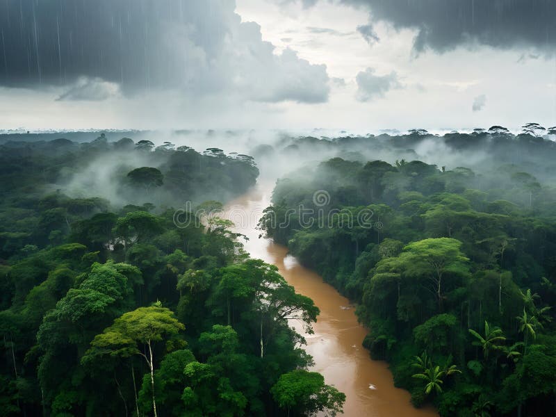 Rainstorm Over the Amazon Rainforest Stock Illustration - Illustration ...
