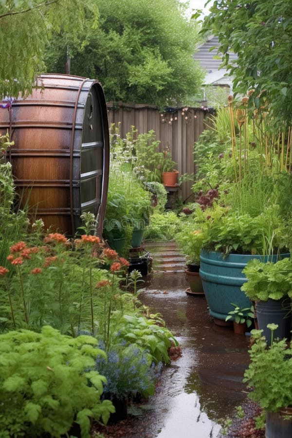 Rainwater Collection Barrels in a Garden Stock Illustration ...